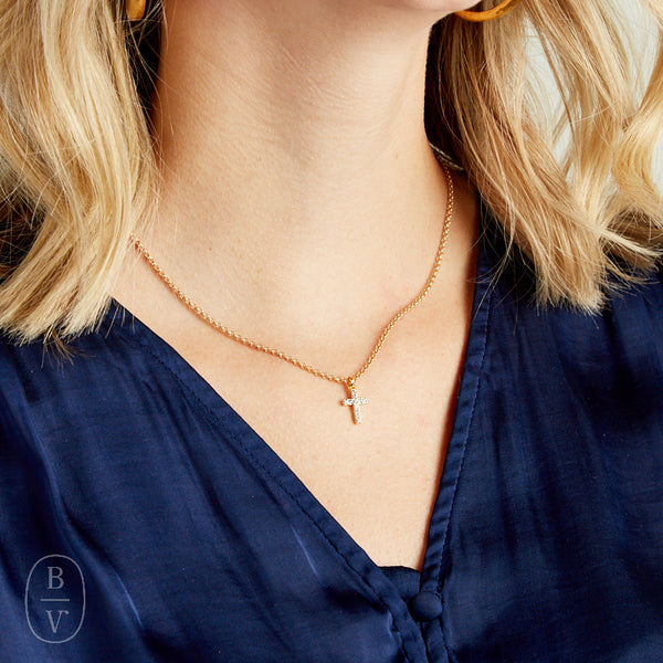 Cz Cross Gold Mini Rolo Chain Necklace | Virtue Jewelry – Bella Vita